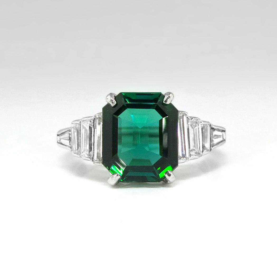 Estate Verdelite Brazilian Green Tourmaline Baguette Diamond Ring ...