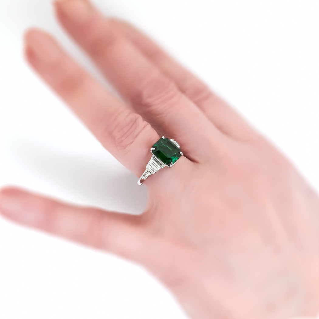 Estate Verdelite Brazilian Green Tourmaline Baguette Diamond Ring ...