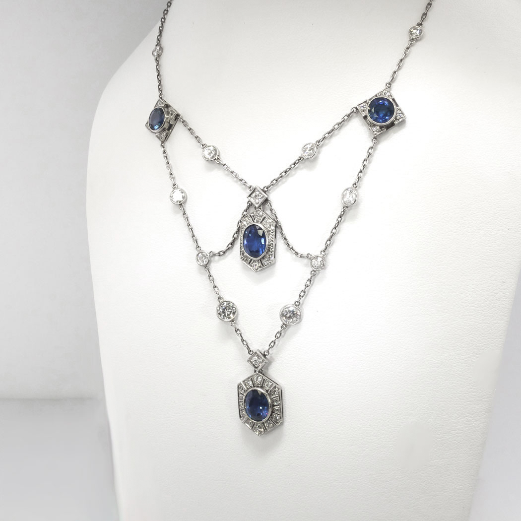 Vintage Sapphire Diamond Necklace 9.60ct t.w. Natural Blue Sapphire Diamond Wedding Birthstone Pendant Platinum Antique Vintage Estate Jewelry Jewelry Finds