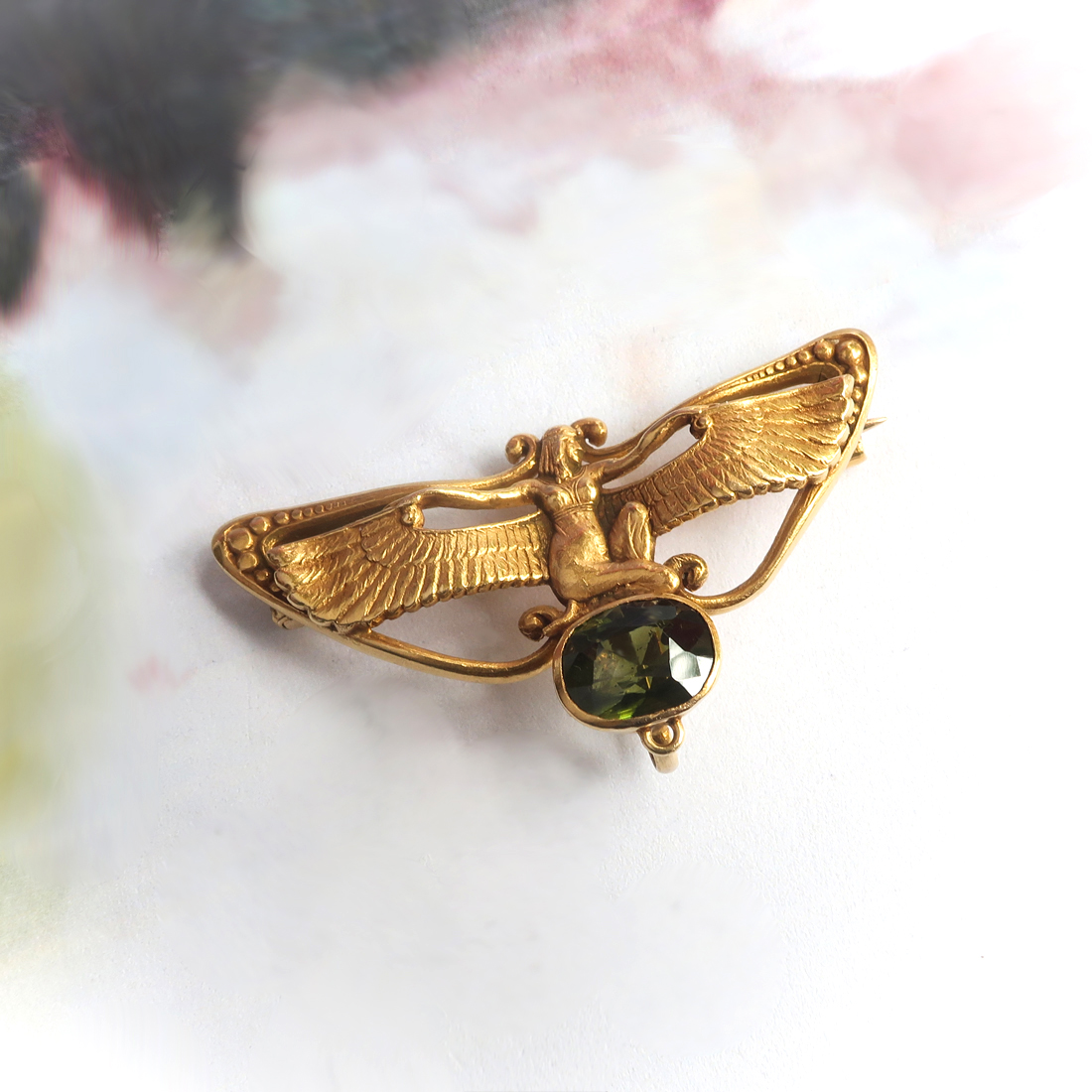 Antique Egyptian Winged Isis Brooch 14K With Green Gemstone | Antique ...