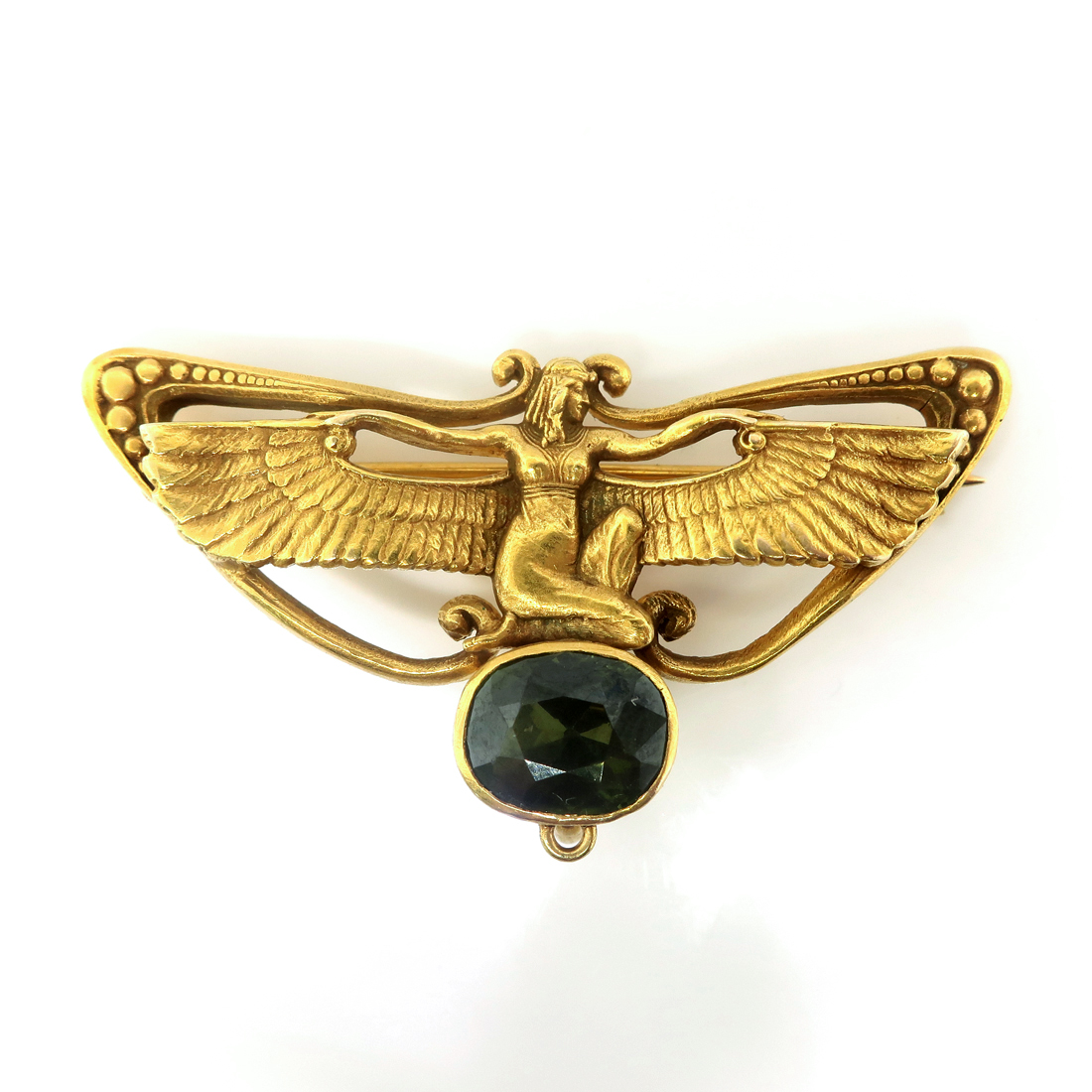 Antique Egyptian Winged Isis Brooch 14K With Green Gemstone | Antique ...