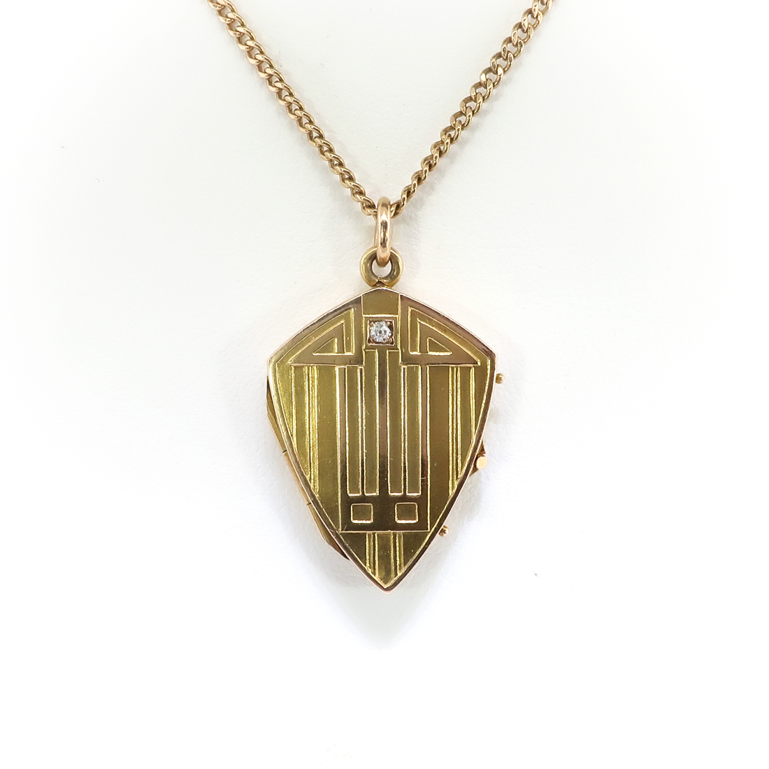 Art Deco Diamond Geometric Design Shield Locket Pendant 14K | Antique ...